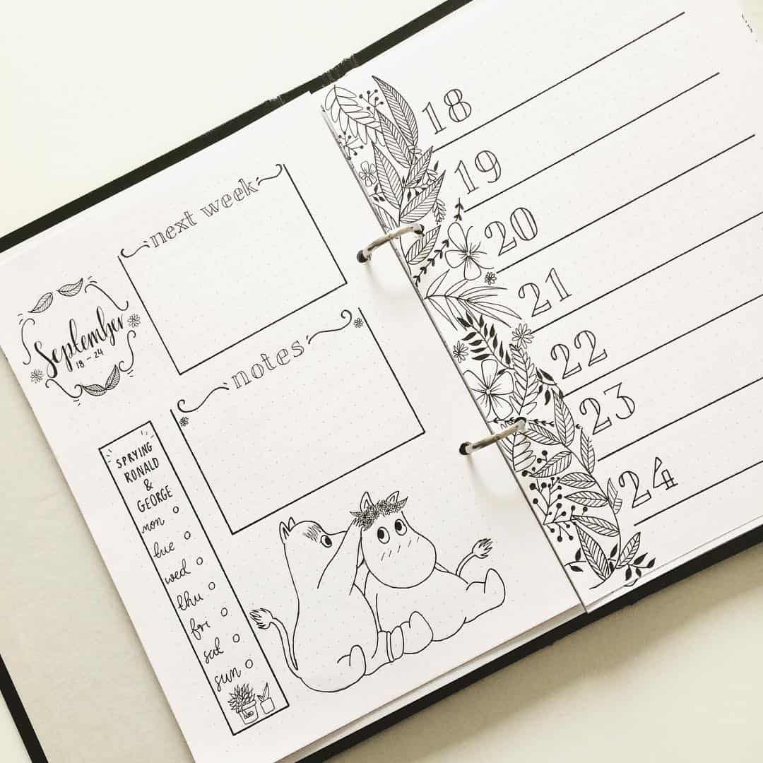 Moomin themed bullet journal spreads